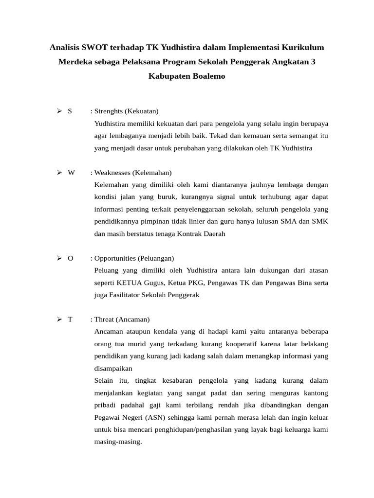 Analisis SWOT TK Yudhistira | PDF