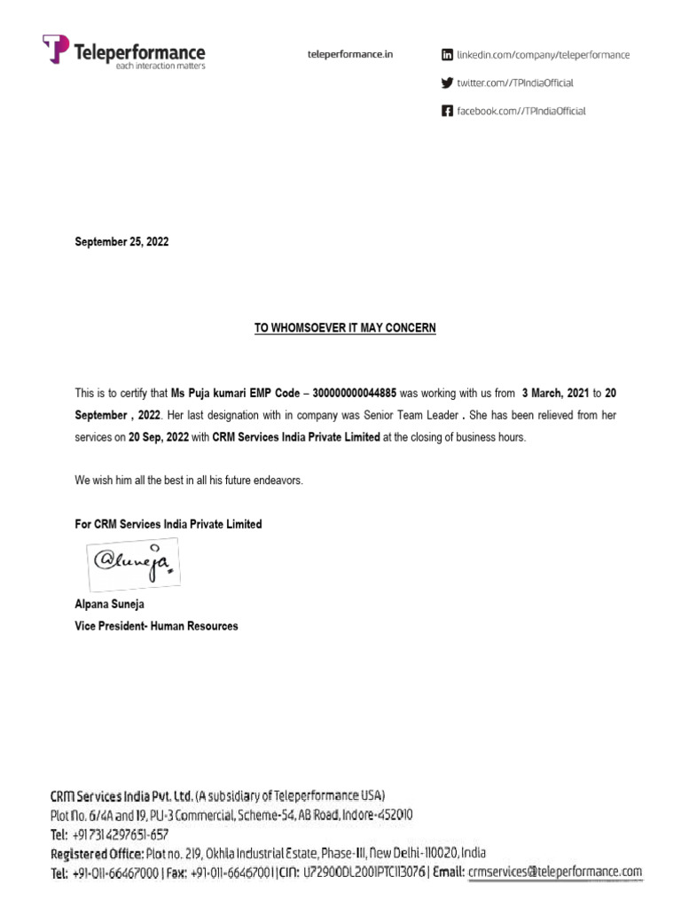 Employment Certificate for Puja Kumari | PDF | Business