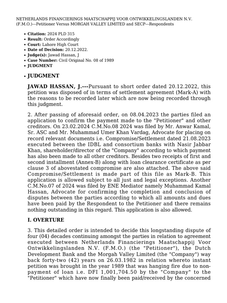 2024 PLD 315 LHC - Civil Original No. 08 of 1989 | PDF | Mediation | Alternative Dispute Resolution