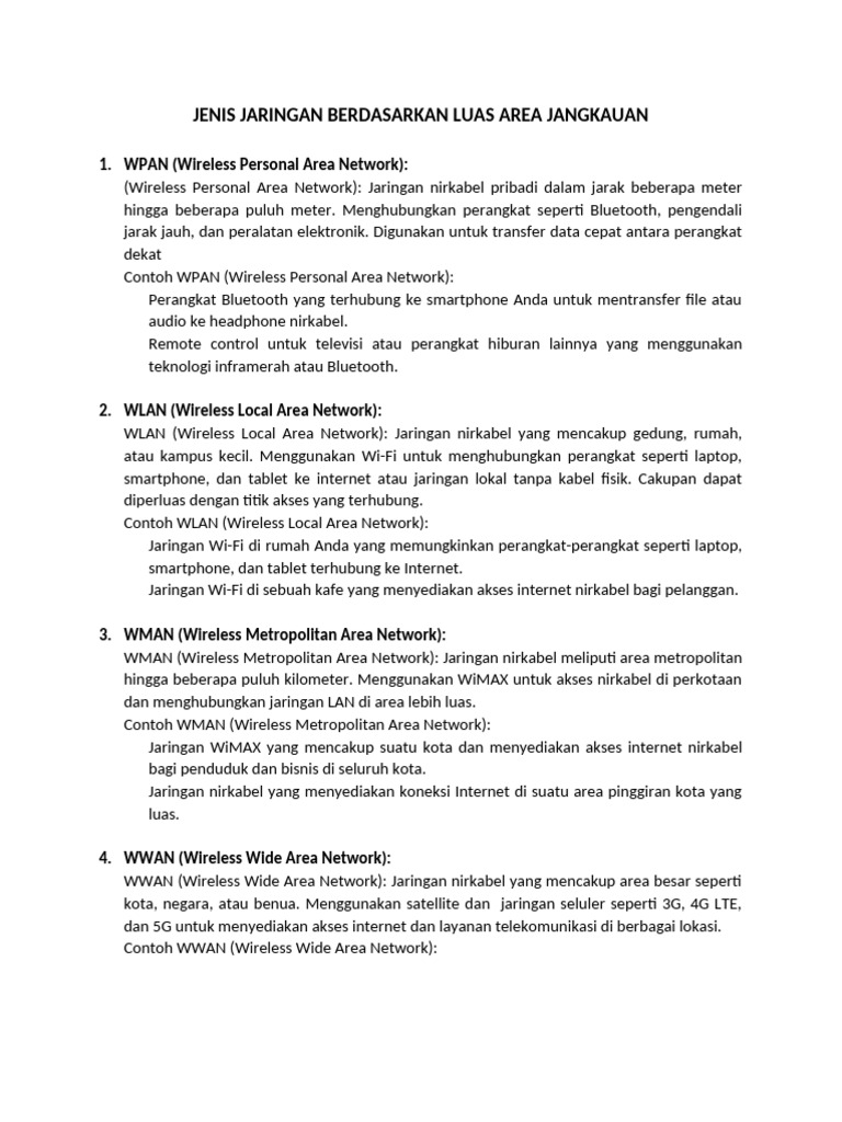 Jenis Jaringan Nirkabel Berdasarkan Luas Area | PDF | Teknologi & Rekayasa