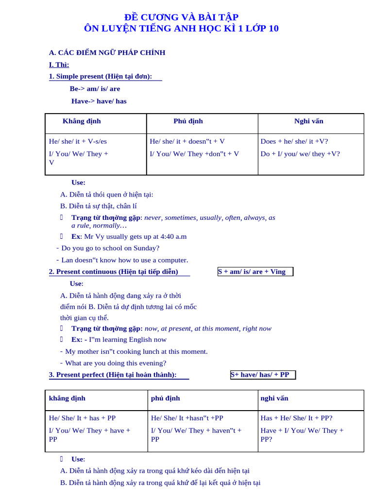 Bai Tap Va Ly Thuyet On Hoc Ki I Tieng Anh 10 Bai Tap Va Ly Thuyet On Hoc Ki I Tieng Anh 10 | PDF