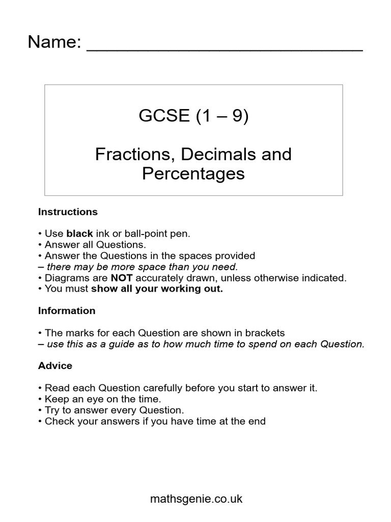 GCSE Fractions, Decimals, Percentages Test | PDF | Percentage ...