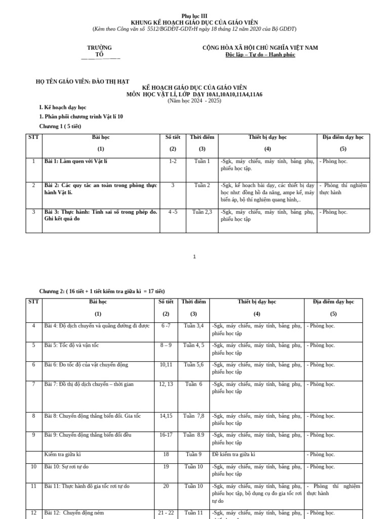 - KHGD của giáo viên 2024 - 2025 khối 10, 11 | PDF