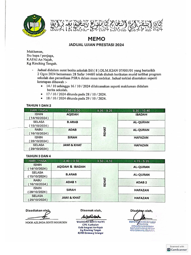 Memo Jadual Ujian Prestasi 2 2024 | PDF