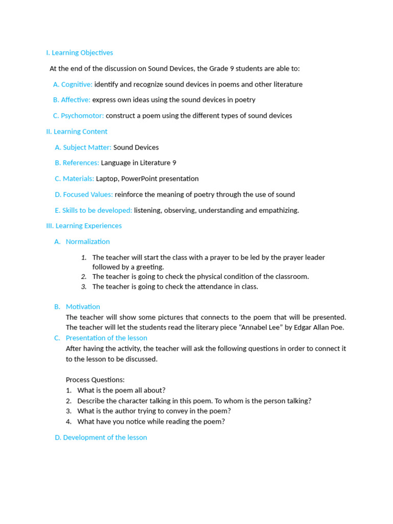 Semi-Detailed Lesson Plan- SOUND DEVICES | PDF | Poetry | Rhyme