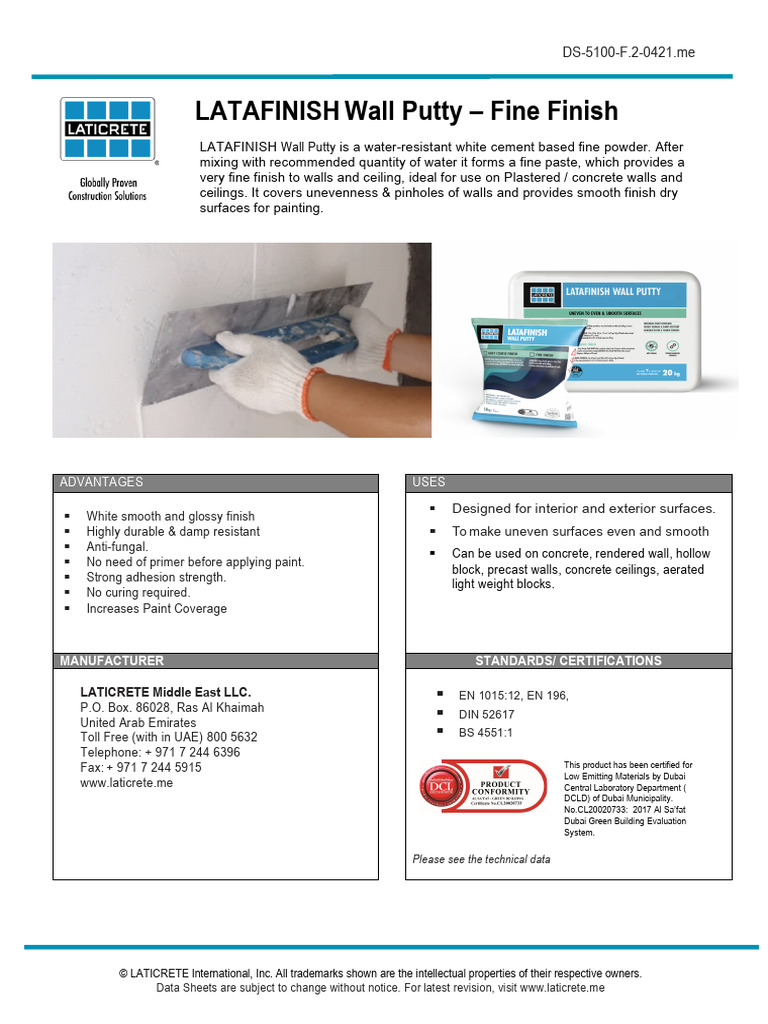 Latafinish Wall Putty - Fine Finish PDS | PDF | Concrete | Paint