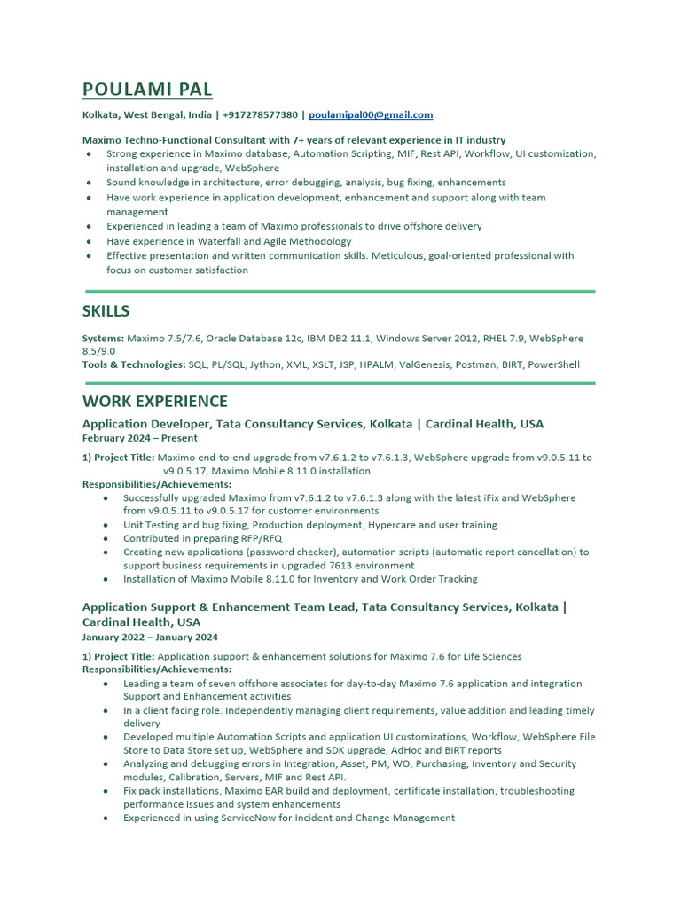 Poulami_Pal_Resume_Maximo | PDF | Databases | Server (Computing)