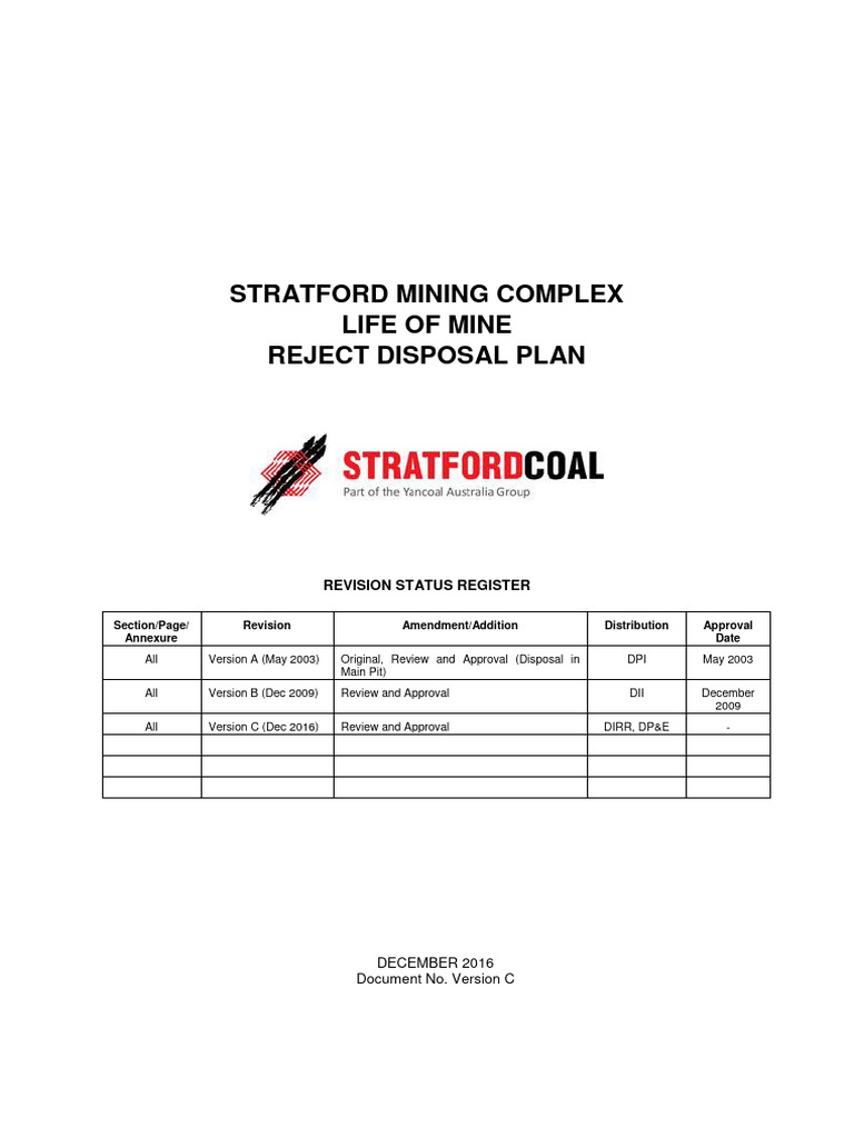 Stratford LOM Reject Disposal Plan - 2016 Final | PDF | Water | Mining