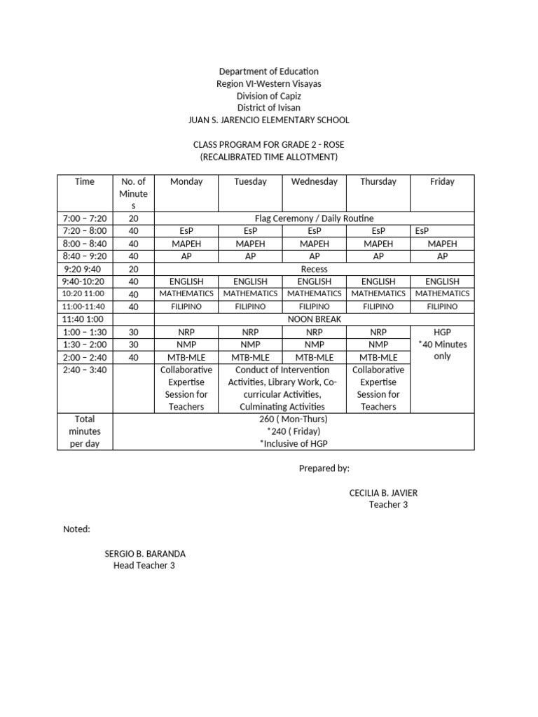 CLASS PROGRAM - grade 2 | PDF