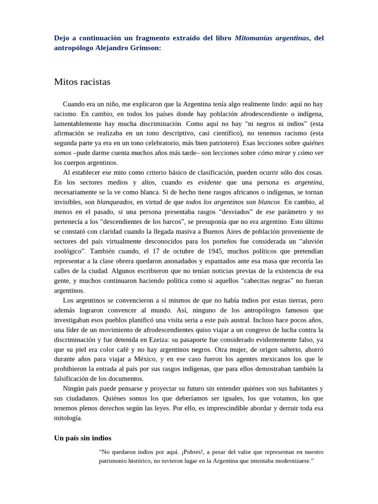 Alejandro Grimson - Mitos Racistas (Mitomanías Argentinas) | PDF ...
