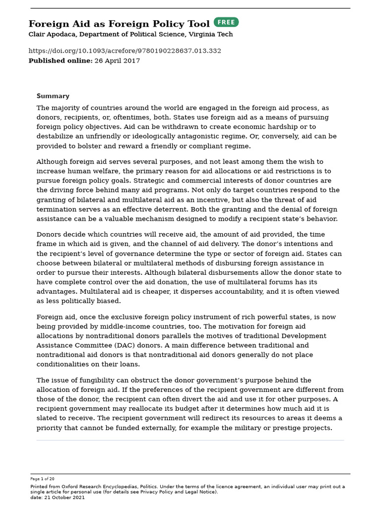 Apodaca, Foreign Aid As A Foreign Policy Tool | PDF | Aids | Official ...