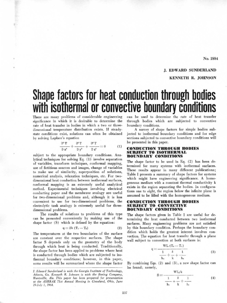 Sunderland & Johnson (1964) Shape Factors For Heat Conduction Through ...