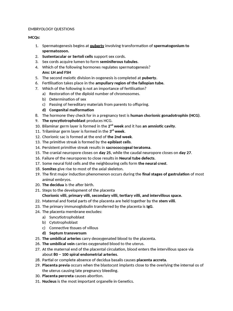 Embryology Questions | PDF | Placenta | Anatomy