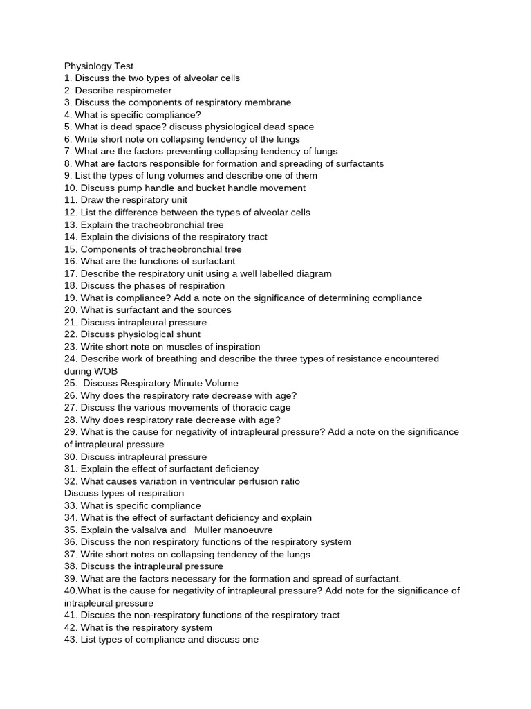 Physiology Test - Respiratory System | PDF | Respiratory System | Lung