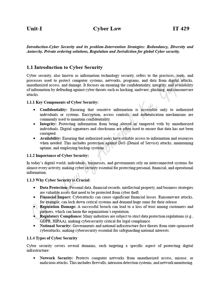 Unit-I Cyber Law IT 429: 1.1 Introduction To Cyber Security | PDF | Computer Security | Security