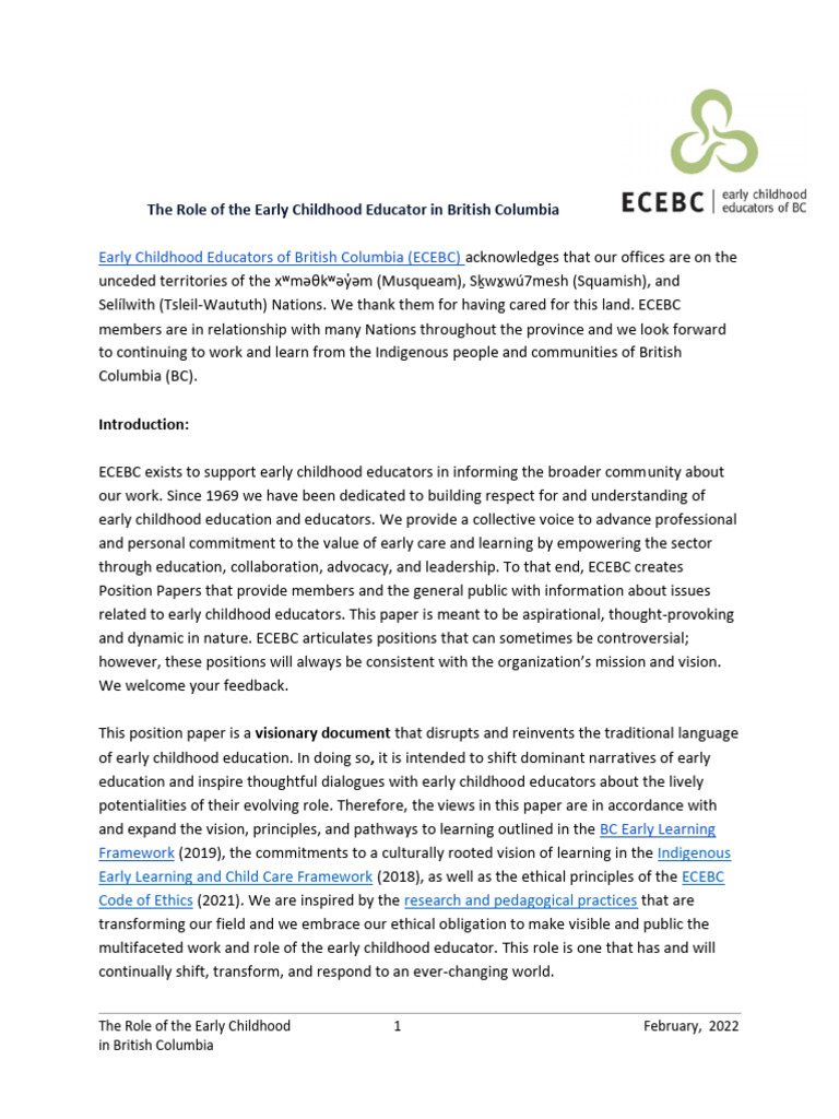 ECEBC Position Paper on Educator Roles | PDF | Pedagogy | Early ...