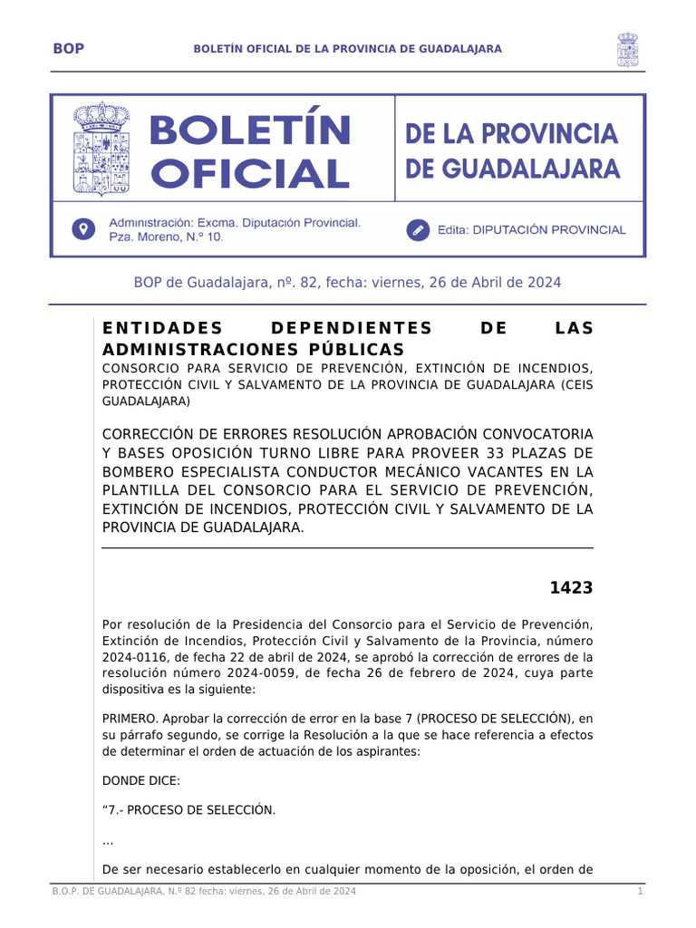 1 Corrección Errores Bases Bombero Especialista Anuncio Bop | PDF