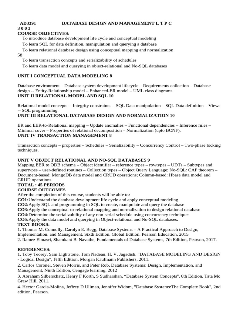 AD3391 DATABASE DESIGN AND MANAGEMENT L T P C | PDF | Databases ...