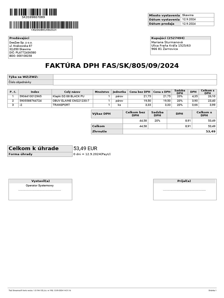 Faktura Vat FAS SK 805 09 2024 | PDF