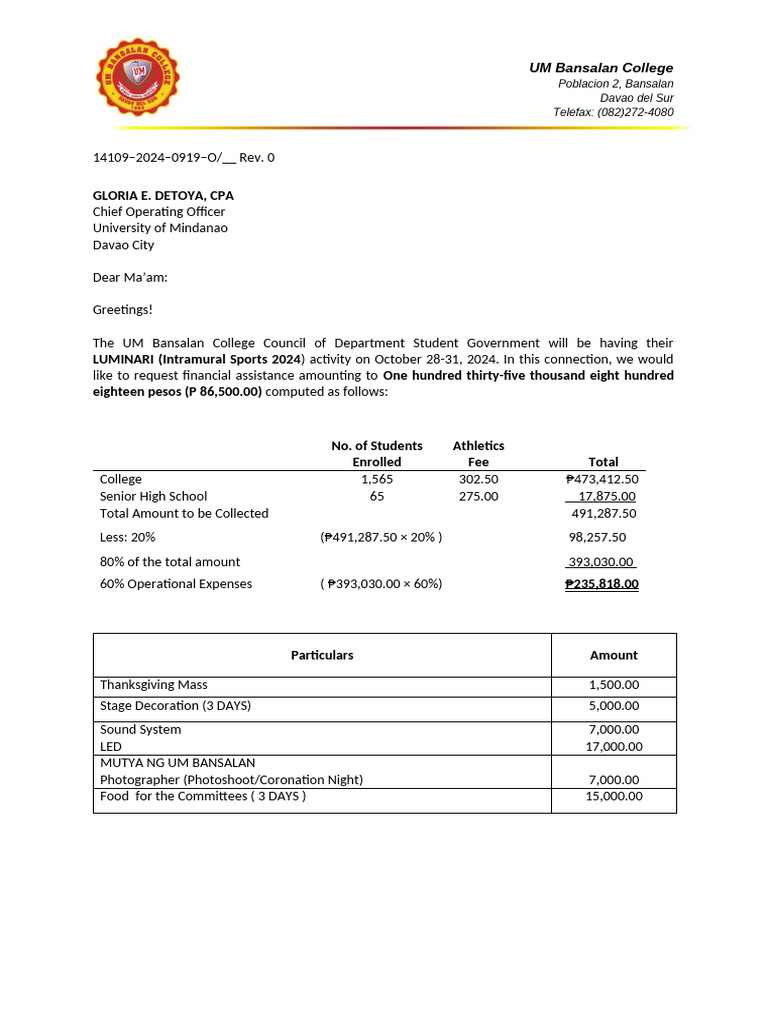 Intramurals 2024 Budget Request Final | PDF