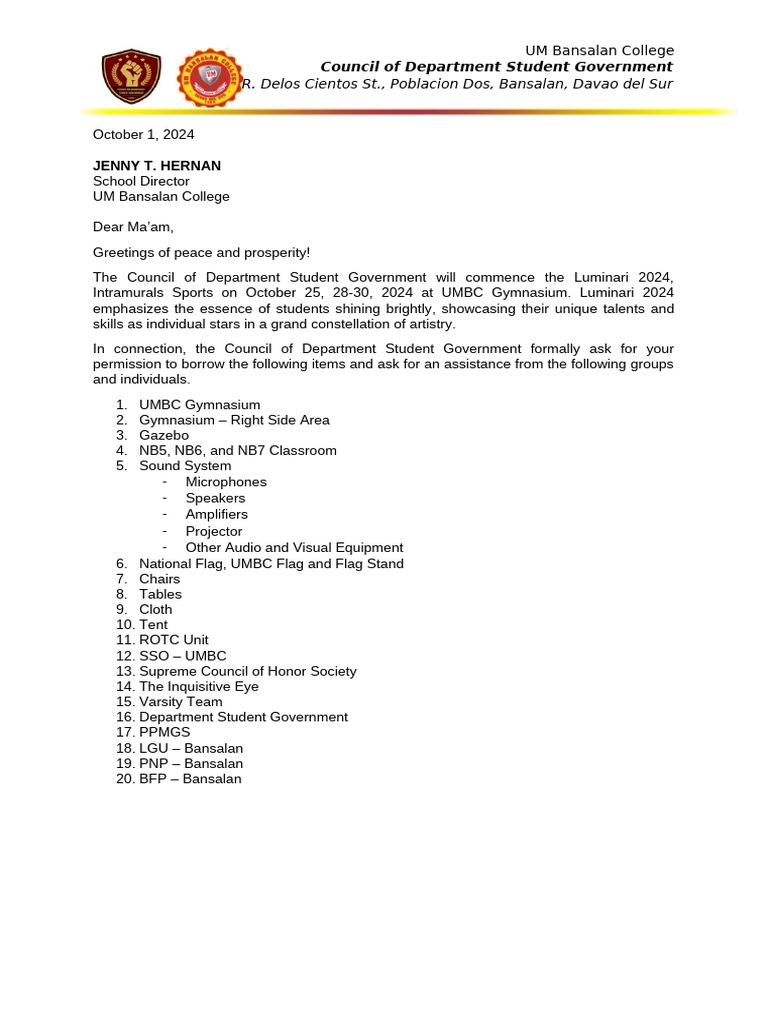 Request Letter For Borrowed Equipments Intrams | PDF