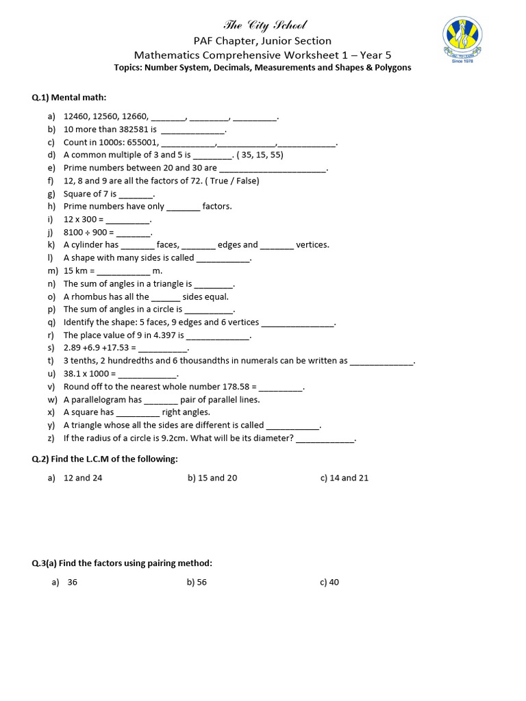 Mathematics Grade 5 Comprehensive Worksheet 1 Revised | PDF | Triangle ...