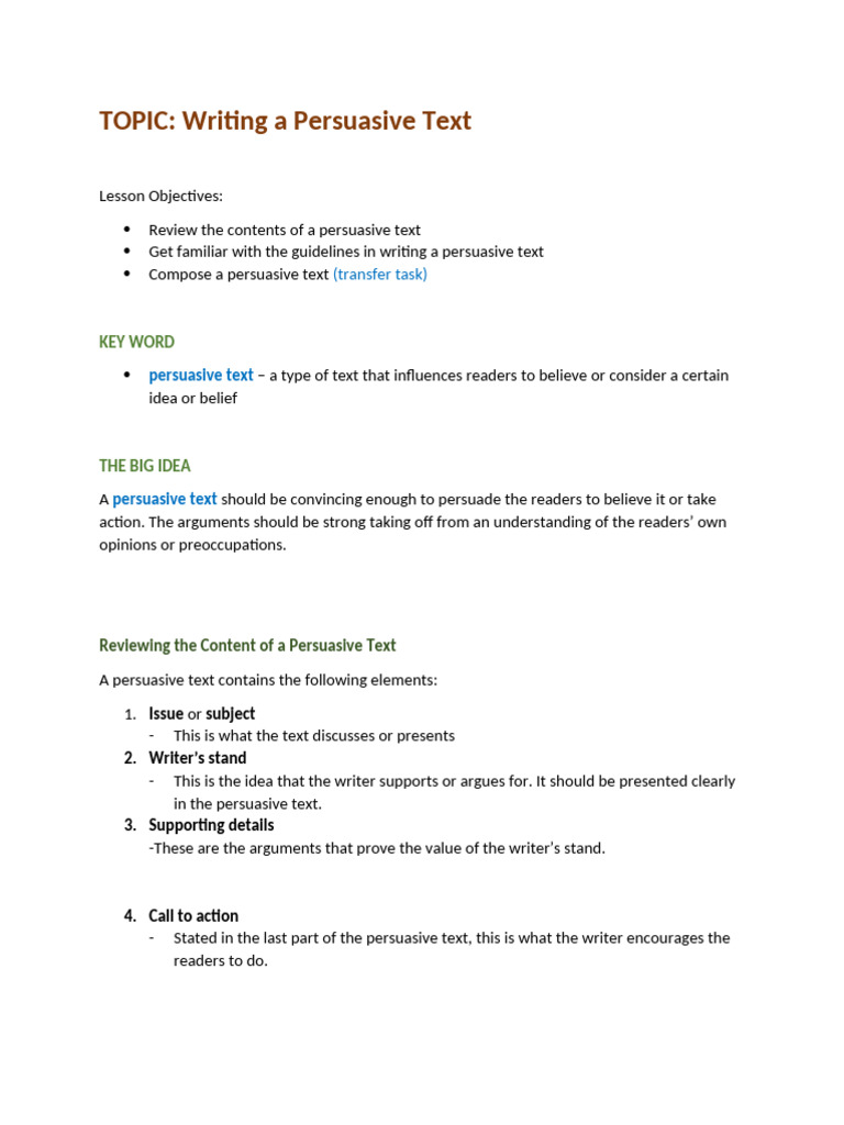 Writing-a-Persusaive-Text-notes | PDF | Persuasion | Idea
