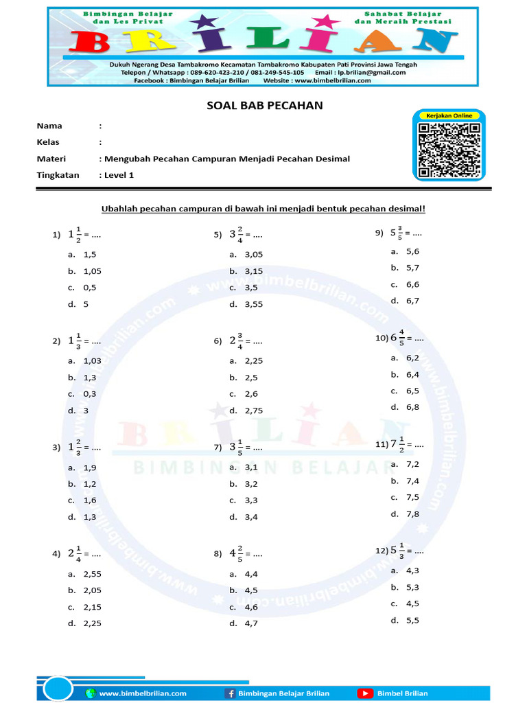 Soal Mengubah Pecahan Campuran Menjadi Desimal Level 1 | PDF Soal Mengubah Pecahan Campuran Menjadi Desimal Level 1 | PDF