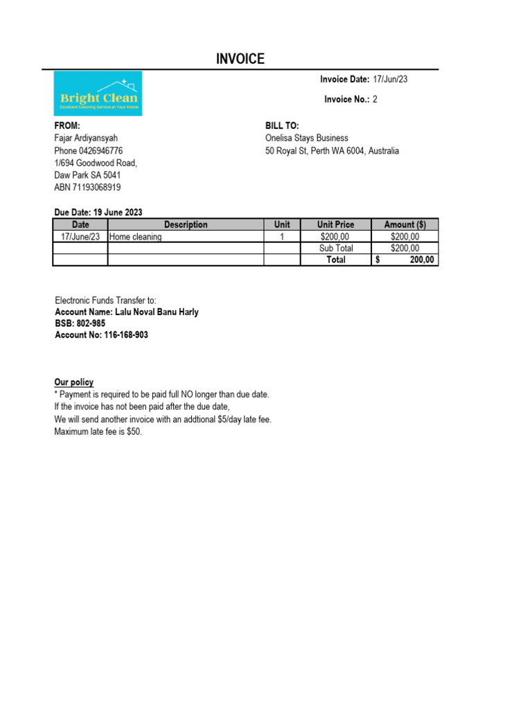 Invoice 02 - Onelisa Stays Business - East Perth | PDF
