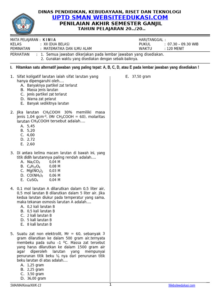 Soal Pas Kimia Kelas Xii K13 | PDF