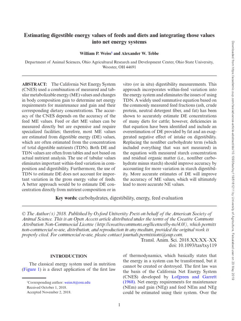 Weiss Paper On Gross Energy Calculation 2018 | PDF | Dietary Fiber | Diet & Nutrition