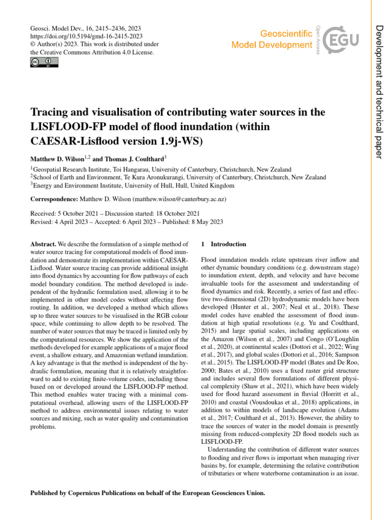 2023 Gmd 在洪水淹没的lisflood Fp模型中跟踪和可视化贡献水源（在caesar Lisflood版本1.9j Ws中） | PDF | Flood | River