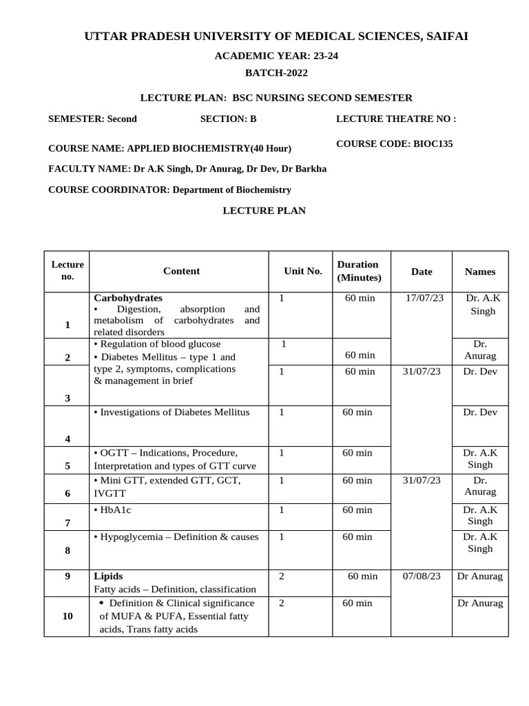 Applied Biochemistry Lecture Plan | PDF | Metabolism | Biochemistry