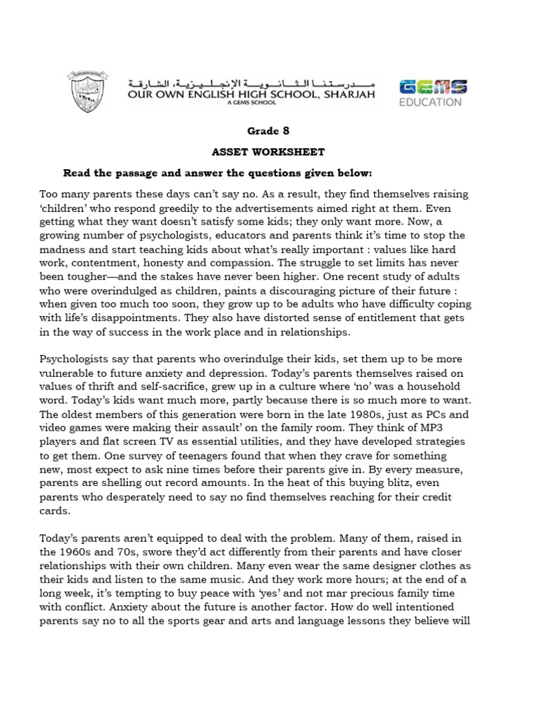 Gr8 - Asset - Worksheet - Holiday Homework | PDF | Psychology
