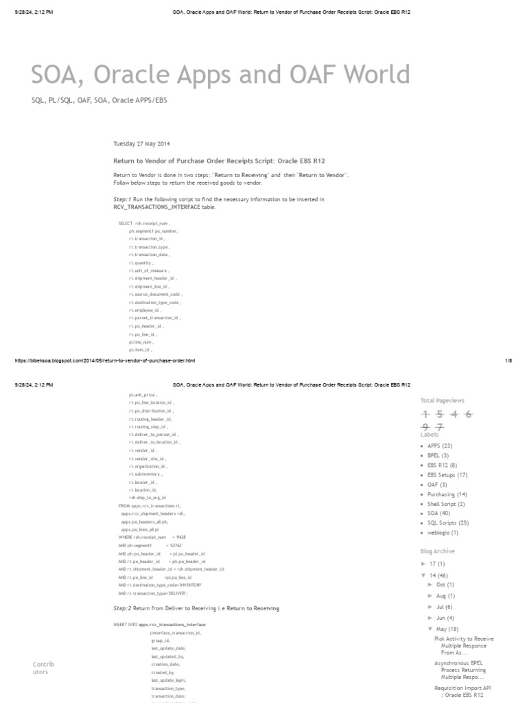 SOA, Oracle Apps and OAF World - Return To Vendor of Purchase Order Receipts Script - Oracle EBS ...