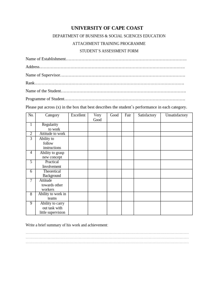 University of Cape Coast Internship Assessment Form | PDF