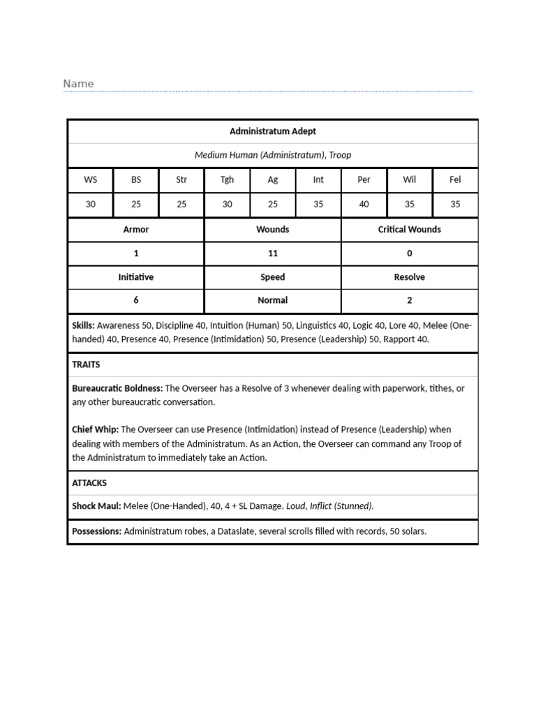 Administratum Adept Character Profile | PDF