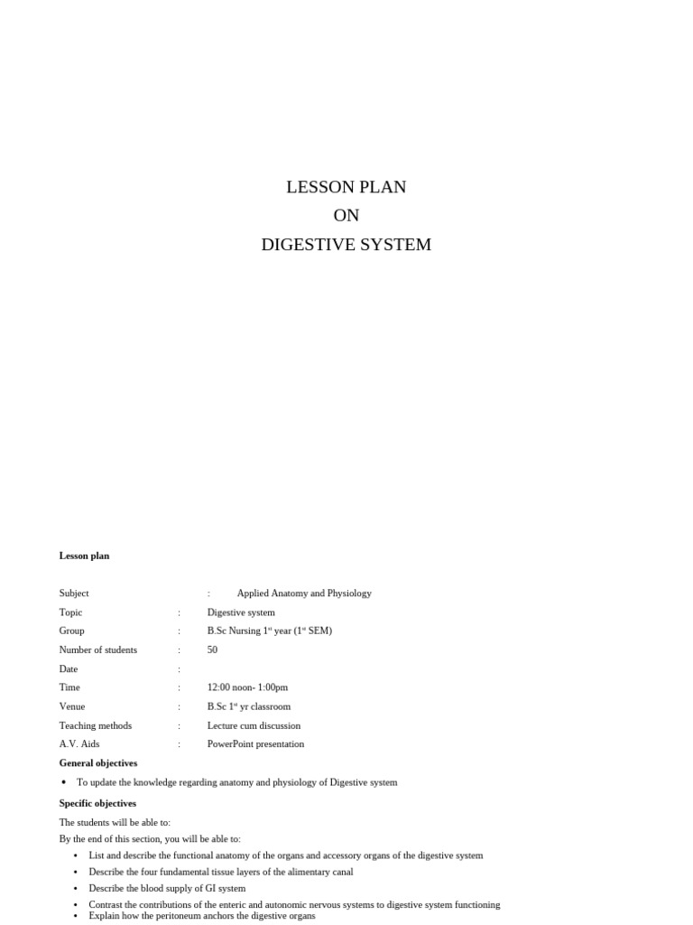 Digestive System Lesson Plan for Nursing | PDF | Stomach ...