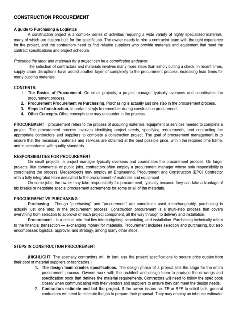 Construction Procurement Guide: Essentials | PDF | Procurement | Supply ...