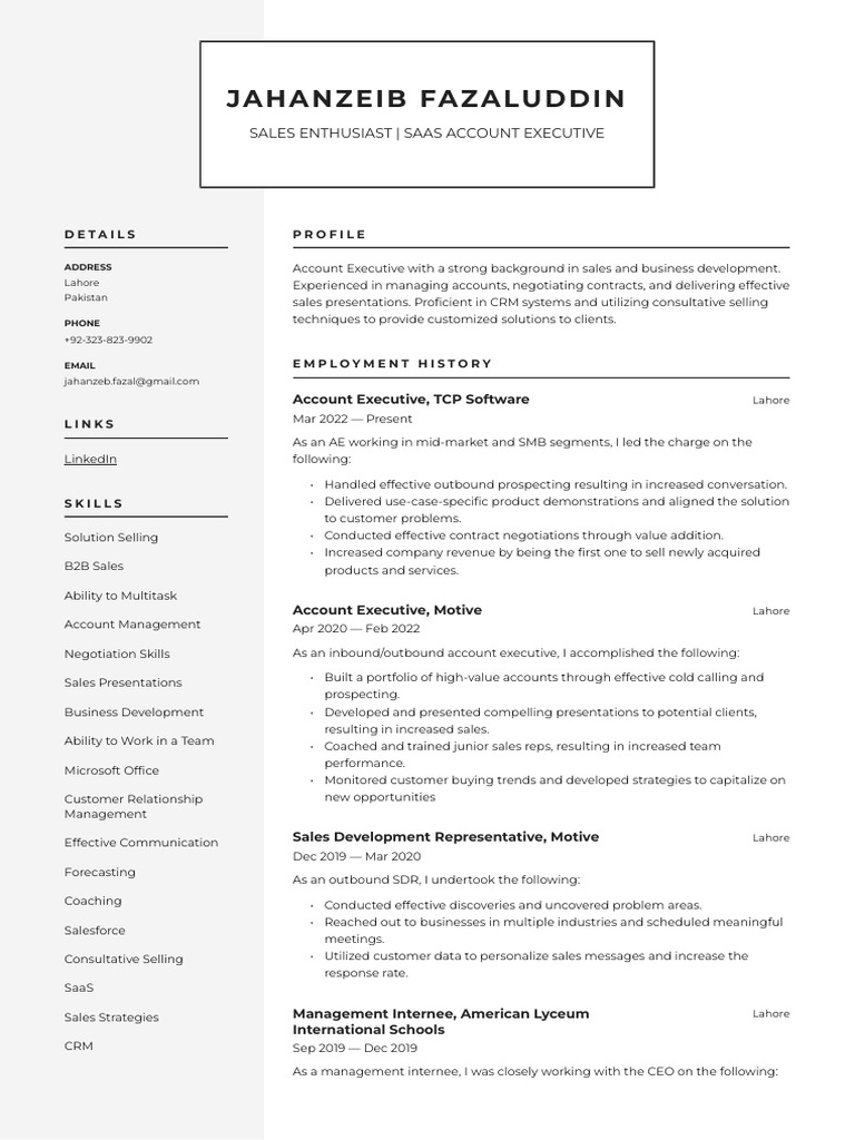 Jahanzeib Fazaluddin - Sales Enthusiast SaaS Account Executive | PDF ...