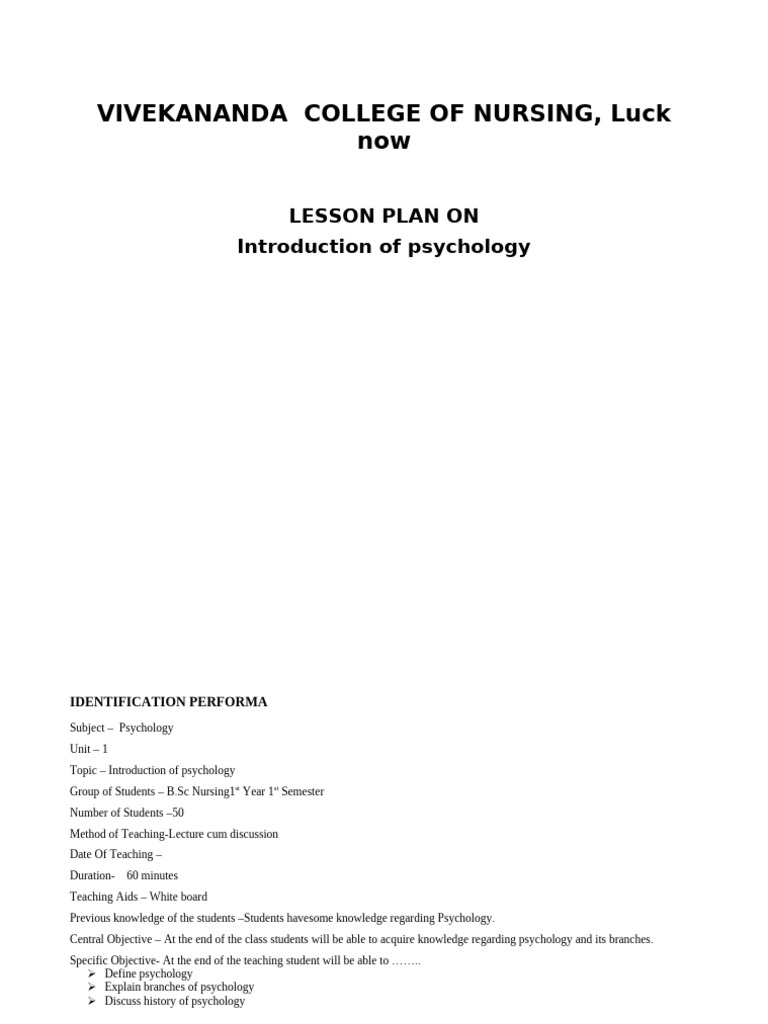 Introduction of Psychology Lesson Plan | PDF | Psychology | Clinical ...
