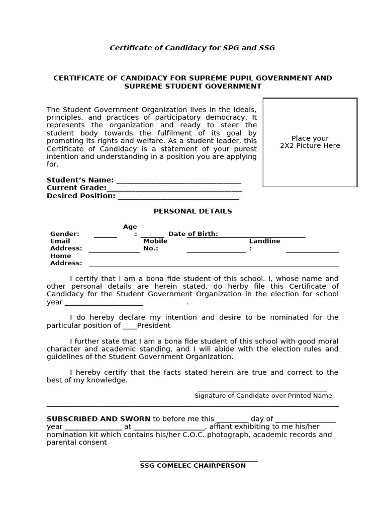 Certificate of Candidacy For SPG and SSG | PDF