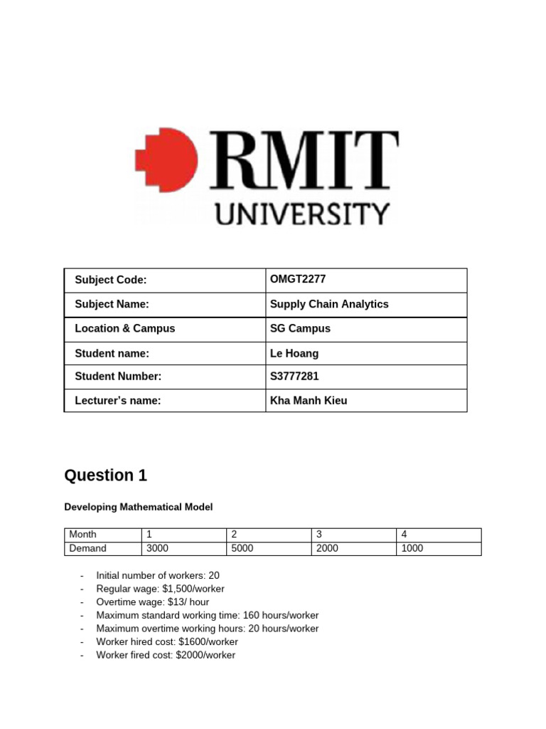 Assignment 1 - Supply Chain | PDF | Overtime | Inventory