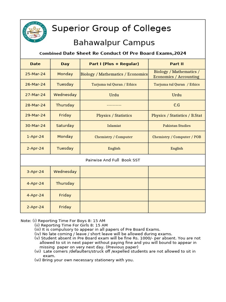 2024 Pre-Board Exam Date Sheet | PDF | Linguistics | Languages