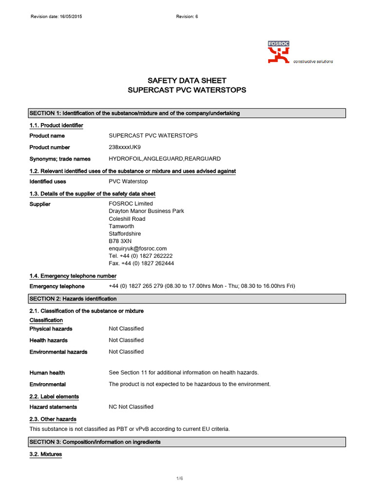 Supercast PVC Waterstops MSDS | PDF | Dangerous Goods | Occupational ...