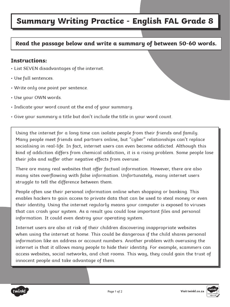 Za Fal 1657704648 Summary Writing Practice English Fal Grade 8 - Ver - 2 | PDF | Internet ...