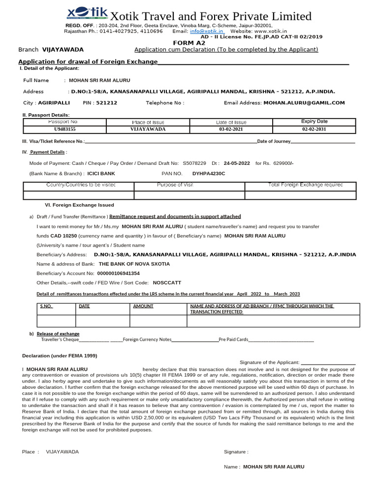a2 Form & Tcs Form | PDF | Indemnity | Foreign Exchange Market