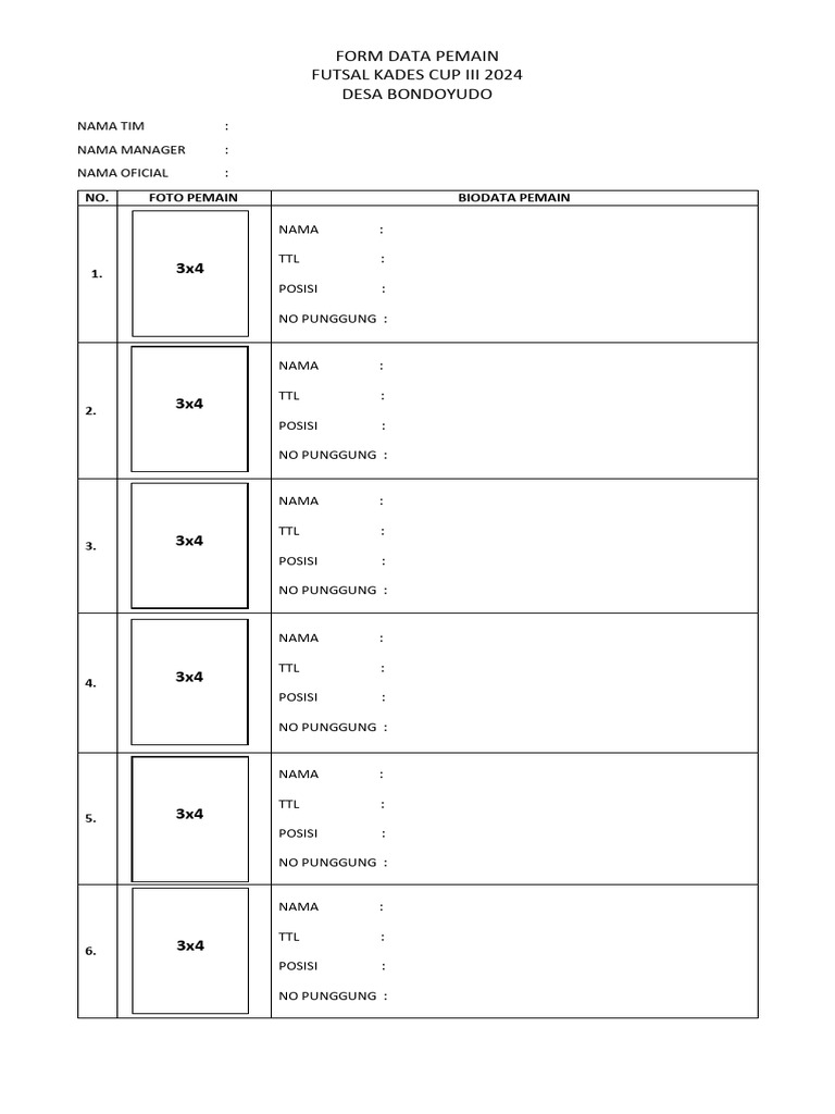 Form Data Pemain | PDF