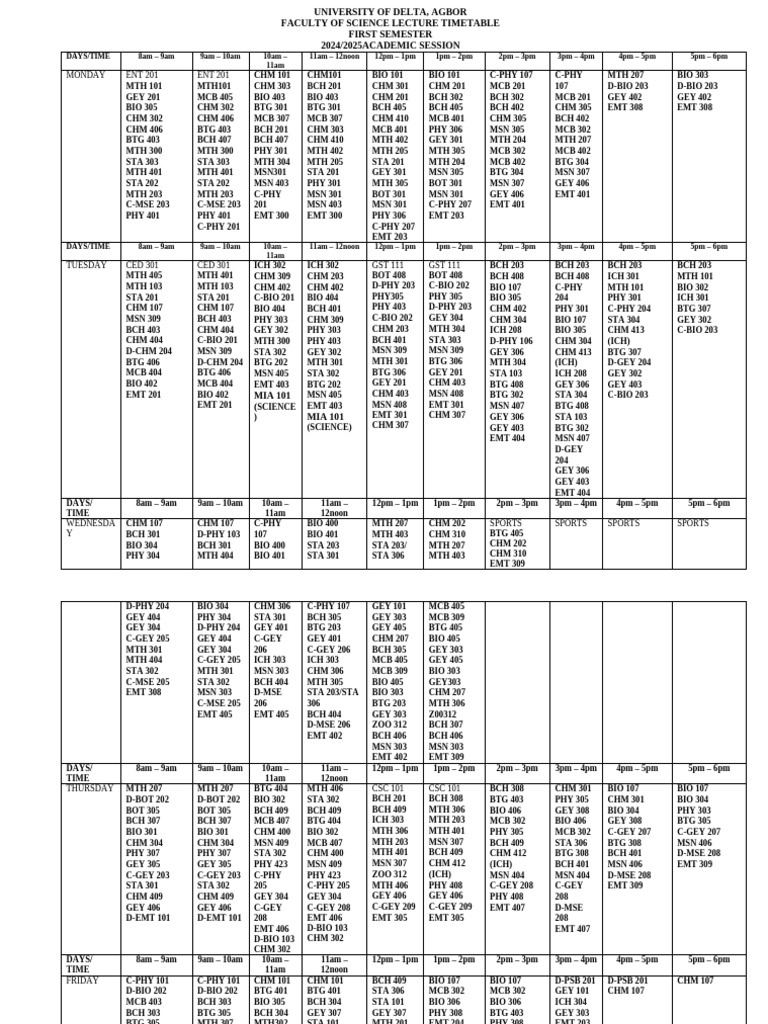 Faculty of Science Timetable 2024/25 | PDF