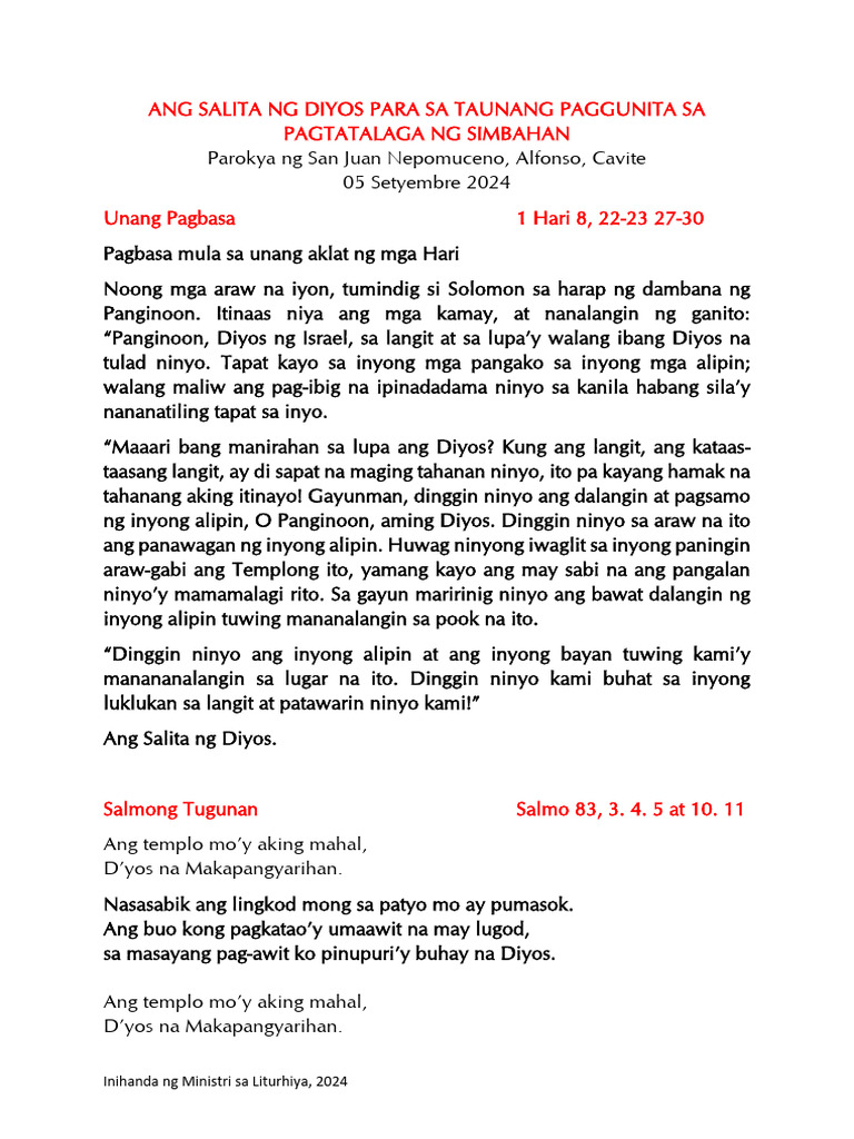 Mga Pagbasa para Sa Paggunita Sa Anibersaryo NG Pagtatalaga 2024 | PDF